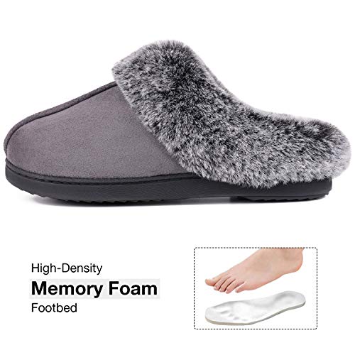 Women's Classic Microsuede Memory Foam Slippers Durable Rubber Sole with Warm Faux Fur Collar (9-10 M, Dark Gray)