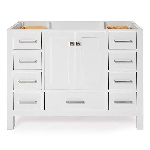 ARIEL 42" White Bathroom Vanity Base Cabinet, Single Sink Configuration, 2 Soft Closing Doors, 9 Full Extension Dovetail Drawers, Brushed Nickel