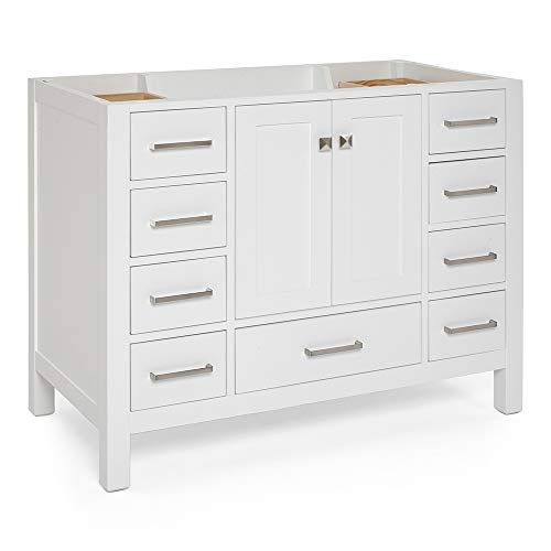 ARIEL 42" White Bathroom Vanity Base Cabinet, Single Sink Configuration, 2 Soft Closing Doors, 9 Full Extension Dovetail Drawers, Brushed Nickel