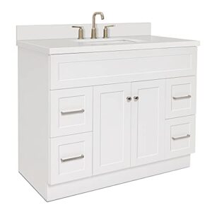 ARIEL 43" White Bathroom Vanity with 1.5" Edge Pure White Quartz Countertop & Splash, Rectangular Sink, 2 Soft Closing Doors, 4 Full Extension Dovetail Drawers, Built in Toe Kick, Brushed Nickel