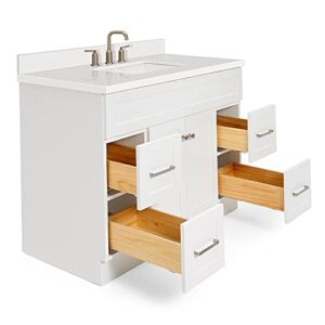 ARIEL 43" White Bathroom Vanity with 1.5" Edge Pure White Quartz Countertop & Splash, Rectangular Sink, 2 Soft Closing Doors, 4 Full Extension Dovetail Drawers, Built in Toe Kick, Brushed Nickel