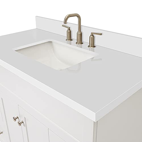 ARIEL 43" White Bathroom Vanity with 1.5" Edge Pure White Quartz Countertop & Splash, Rectangular Sink, 2 Soft Closing Doors, 4 Full Extension Dovetail Drawers, Built in Toe Kick, Brushed Nickel