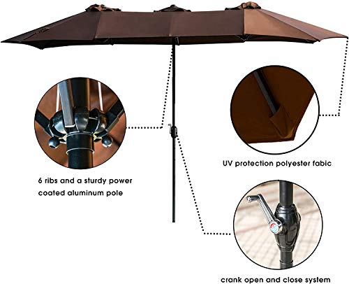 LOKATSE HOME 15 Ft Double Sided Outdoor Umbrella Rectangular Large with Crank for Patio Shade Outside Deck or Pool, Brown