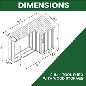 Hanover 2-in-1 Multi-Use Dark Gray Outdoor Metal and Steel Single Door Shed with Firewood Storage Compartment up to 42 Cu.Ft. Rust, Corrosion and UV Resistant, Raised Base and Sloped Roof Design