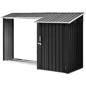 Hanover 2-in-1 Multi-Use Dark Gray Outdoor Metal and Steel Single Door Shed with Firewood Storage Compartment up to 42 Cu.Ft. Rust, Corrosion and UV Resistant, Raised Base and Sloped Roof Design