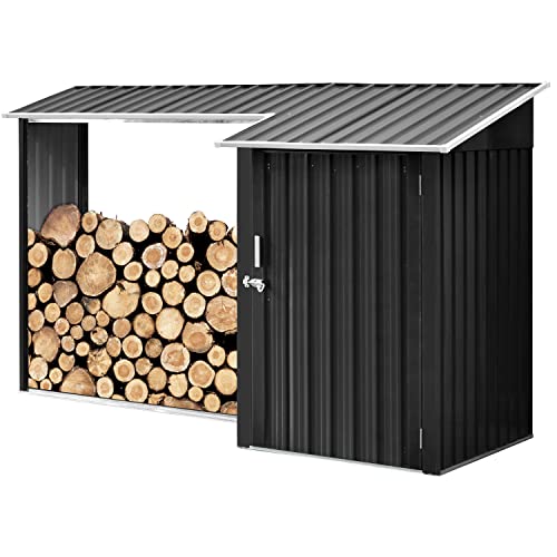 Hanover 2-in-1 Multi-Use Dark Gray Outdoor Metal and Steel Single Door Shed with Firewood Storage Compartment up to 42 Cu.Ft. Rust, Corrosion and UV Resistant, Raised Base and Sloped Roof Design