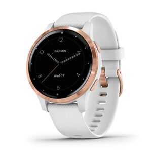 garmin vivoactive 4s, smaller-sized gps smartwatch, features music, body energy monitoring, animated workouts, pulse ox sensors, rose gold with white band