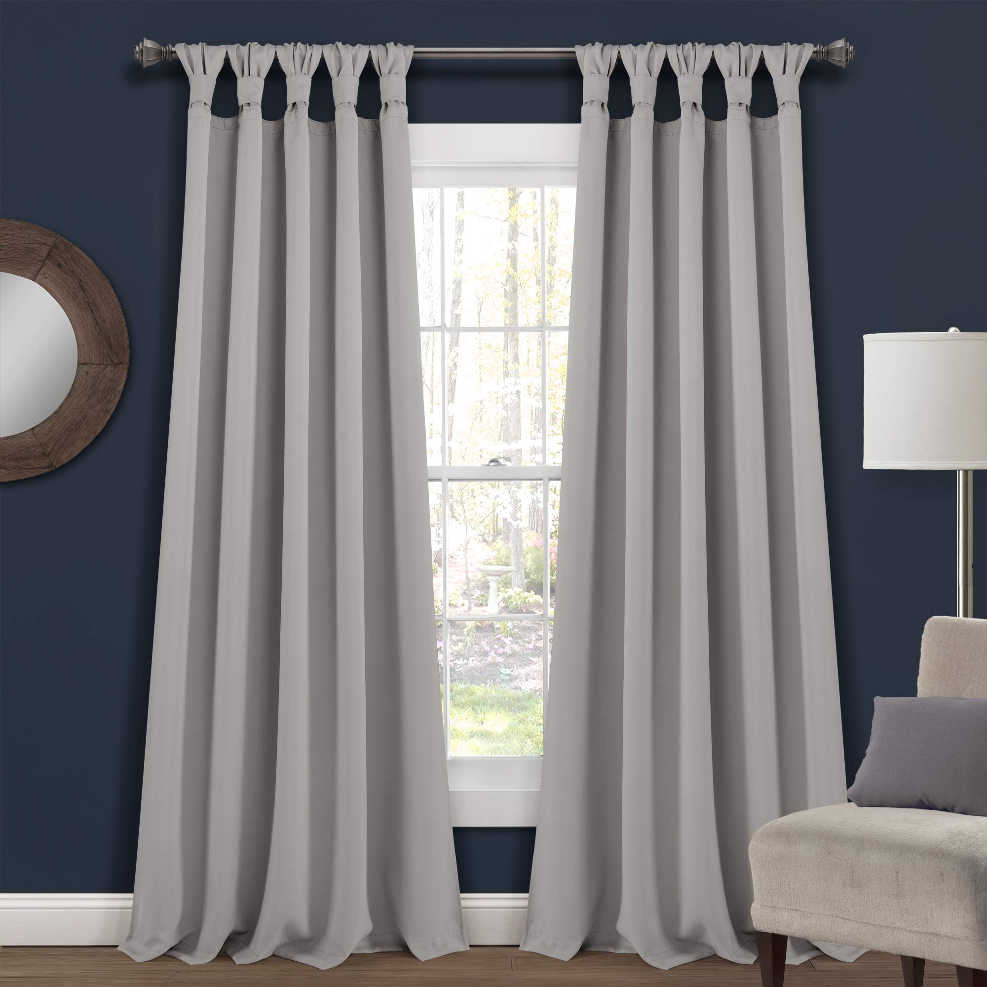 Lush Decor, Light Gray Insulated Knotted Tab Top Blackout Window Curtain Panel Pair, 95" x 52", 95 in x 52