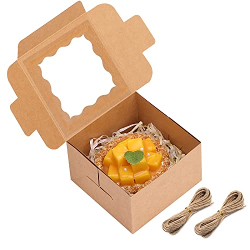 Moretoes 30 Pack Mini Cookie Boxes 4 Inch Bakery Boxes with 66ft Twine Small Brown Kraft Cake Boxes with Window for Cupcakes, Pies, Donuts（4x4x2.5 Inch）