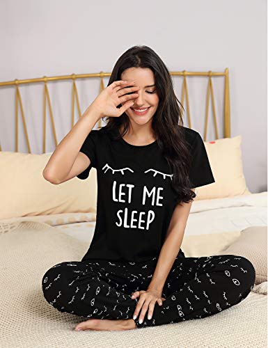 EISHOPEER Women's Sleepwear Jersey Printed Short Sleeve Tee and Pjs Sets Black M