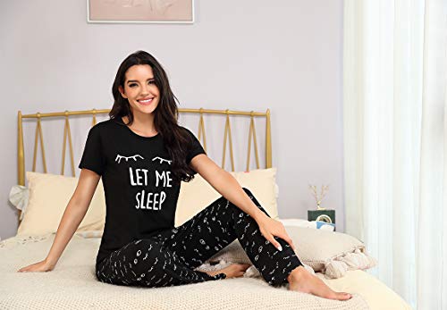 EISHOPEER Women's Sleepwear Jersey Printed Short Sleeve Tee and Pjs Sets Black M