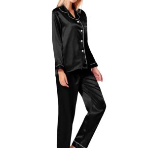 SWOMOG Womens Silk Satin Pajamas Long Sleeve Loungewear Two-piece Sleepwear Button-Down Pj Set Black