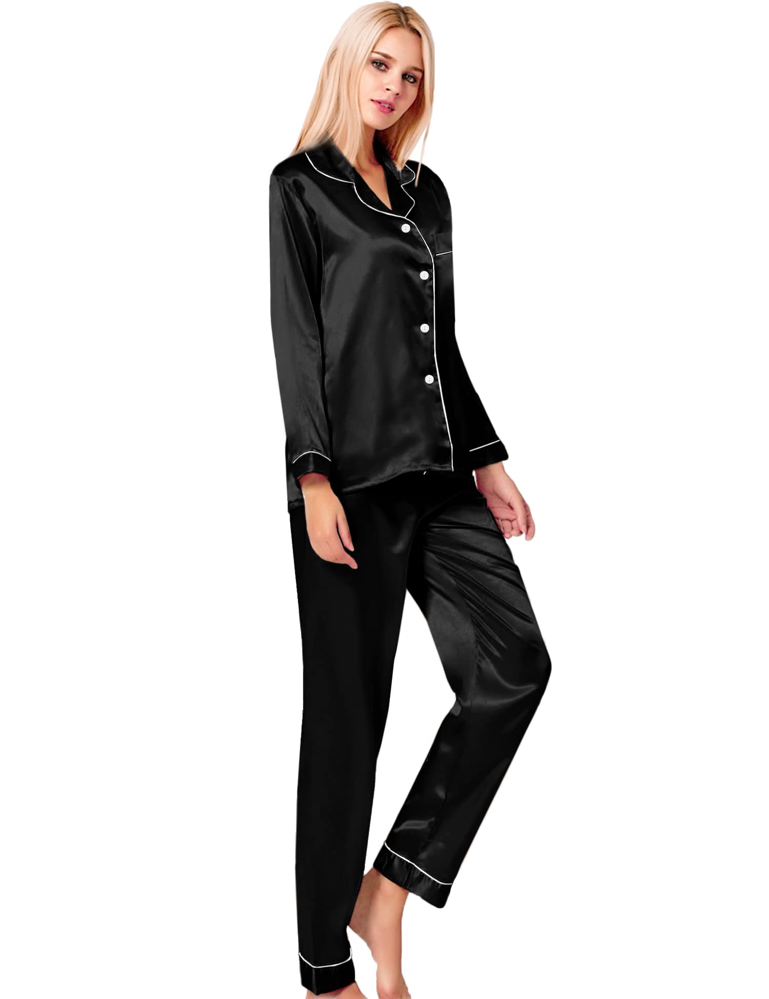 SWOMOG Womens Silk Satin Pajamas Long Sleeve Loungewear Two-piece Sleepwear Button-Down Pj Set Black