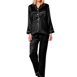 SWOMOG Womens Silk Satin Pajamas Long Sleeve Loungewear Two-piece Sleepwear Button-Down Pj Set Black