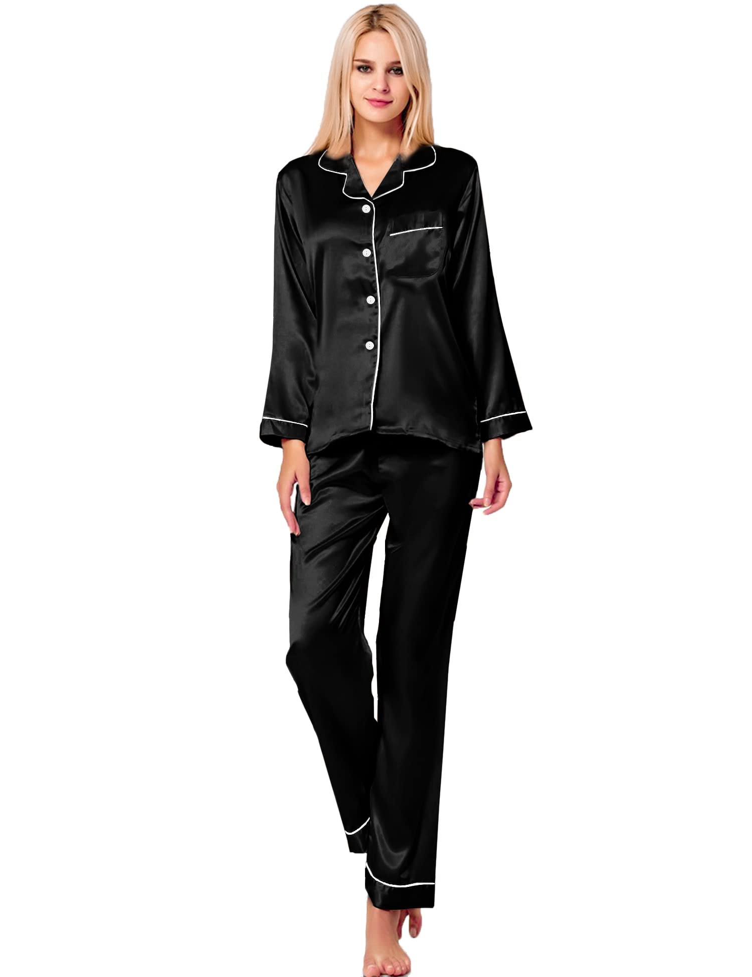 SWOMOG Womens Silk Satin Pajamas Long Sleeve Loungewear Two-piece Sleepwear Button-Down Pj Set Black