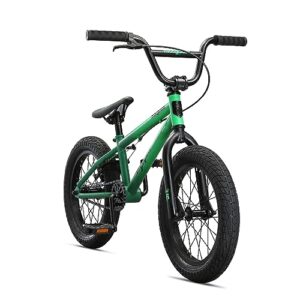 mongoose legion l16 kids freestyle sidewalk bmx bike, beginner riders, 16-inch wheels, hi-ten steel frame, micro drive 25x9t bmx gearing, green