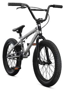 mongoose legion l18 kids freestyle sidewalk bmx bike, beginner riders, 18-inch wheels, hi-ten steel frame, micro drive 25x9t bmx gearing, silver