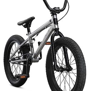 Mongoose Legion L18 Kids Freestyle Sidewalk BMX Bike, Beginner Riders, 18-inch Wheels, Hi-Ten Steel Frame, Micro Drive 25x9T BMX Gearing, Silver