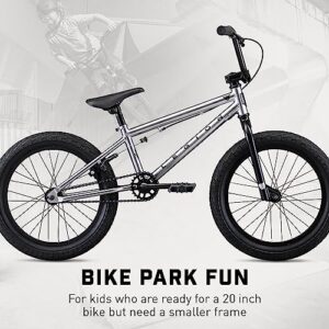 Mongoose Legion L18 Kids Freestyle Sidewalk BMX Bike, Beginner Riders, 18-inch Wheels, Hi-Ten Steel Frame, Micro Drive 25x9T BMX Gearing, Silver