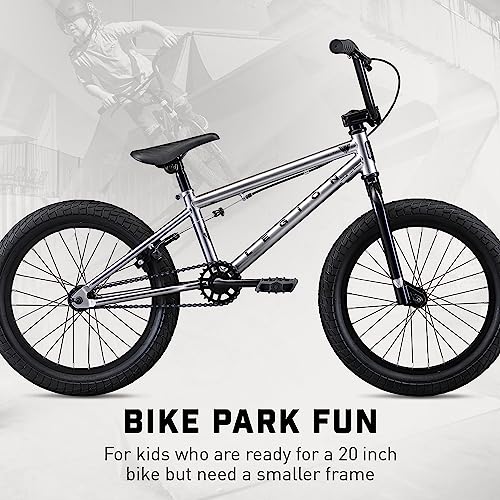 Mongoose Legion L18 Kids Freestyle Sidewalk BMX Bike, Beginner Riders, 18-inch Wheels, Hi-Ten Steel Frame, Micro Drive 25x9T BMX Gearing, Silver