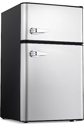 Antarctic Star Mini Refrigerator 3.2Cu.Ft Compact Fridge Defrost Double Doors Freezer Energy Saving Storage of Beverages Vegetables Fruits Suitable for Kitchen Living Room Office Dorm Grey