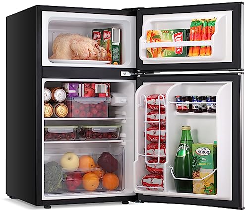 Antarctic Star Mini Refrigerator 3.2Cu.Ft Compact Fridge Defrost Double Doors Freezer Energy Saving Storage of Beverages Vegetables Fruits Suitable for Kitchen Living Room Office Dorm Grey