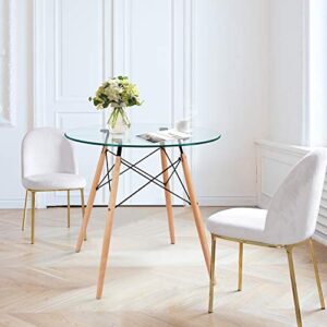 Nidouillet Round Glass Dining Table, Coffee Desk with 4 Beech Wood Legs for Kitchen Living Room AB053