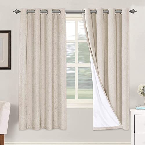 Linen Blackout Curtains 72 Inches Long 100% Absolutely Blackout Thermal Insulated Textured Linen Look Curtain Draperies Anti-Rust Grommet, Energy Saving with White Liner, 2 Panels, Natural