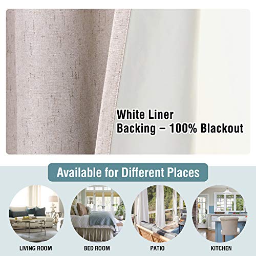 Linen Blackout Curtains 72 Inches Long 100% Absolutely Blackout Thermal Insulated Textured Linen Look Curtain Draperies Anti-Rust Grommet, Energy Saving with White Liner, 2 Panels, Natural