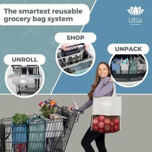 Lotus Trolley Bags -set of 4 -w/LRG COOLER Bag & Egg/Wine holder! Reusable Grocery Cart Bags sized for USA. Washable Eco-friendly 4-Bag Grocery Tote. (Earth Tones)