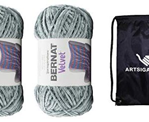 Bernat Knitting Yarn Velvet Smokey Green 2-Skein Factory Pack (Same Dyelot) 161032-32025 Bundle with 1 Artsiga Crafts Project Bag