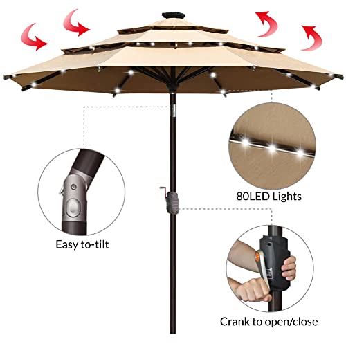 EliteShade USA 10-Year-Non-Fading Sunumbrella Solar 9ft 3 Tiers Market Umbrella with 80 LED Lights Patio Umbrellas Outdoor Table with Ventilation,Heather Beige