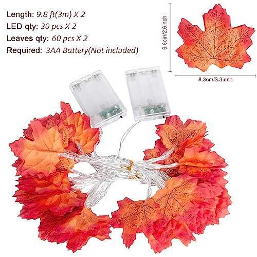 2 Pack Fall Decor Garland for Home, Total 20 Ft 60 LED Thanksgiving Maple Leaves Fall Lights Garland with Battery Operated Waterproof Autumn Harvest Halloween Christmas Decoration for Indoor Outdoor