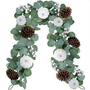 white pumpkin garland artificial eucalyptus garland with white pumpkins pinecones berries fall foliage garland for wedding arch backdrop thanksgiving table runner farmhouse décor 6' long