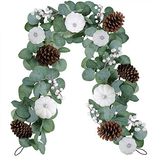 White Pumpkin Garland Artificial Eucalyptus Garland with White Pumpkins Pinecones Berries Fall Foliage Garland for Wedding Arch Backdrop Thanksgiving Table Runner Farmhouse Décor 6' Long