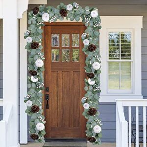 White Pumpkin Garland Artificial Eucalyptus Garland with White Pumpkins Pinecones Berries Fall Foliage Garland for Wedding Arch Backdrop Thanksgiving Table Runner Farmhouse Décor 6' Long