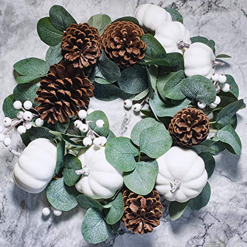 White Pumpkin Garland Artificial Eucalyptus Garland with White Pumpkins Pinecones Berries Fall Foliage Garland for Wedding Arch Backdrop Thanksgiving Table Runner Farmhouse Décor 6' Long