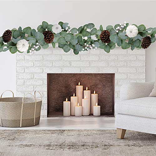 White Pumpkin Garland Artificial Eucalyptus Garland with White Pumpkins Pinecones Berries Fall Foliage Garland for Wedding Arch Backdrop Thanksgiving Table Runner Farmhouse Décor 6' Long