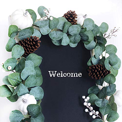 White Pumpkin Garland Artificial Eucalyptus Garland with White Pumpkins Pinecones Berries Fall Foliage Garland for Wedding Arch Backdrop Thanksgiving Table Runner Farmhouse Décor 6' Long