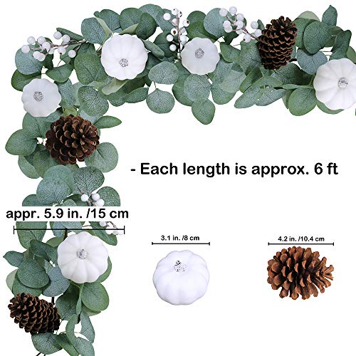 White Pumpkin Garland Artificial Eucalyptus Garland with White Pumpkins Pinecones Berries Fall Foliage Garland for Wedding Arch Backdrop Thanksgiving Table Runner Farmhouse Décor 6' Long