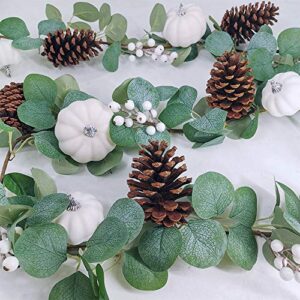 White Pumpkin Garland Artificial Eucalyptus Garland with White Pumpkins Pinecones Berries Fall Foliage Garland for Wedding Arch Backdrop Thanksgiving Table Runner Farmhouse Décor 6' Long