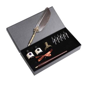 UBEART Calligraphy Set, Calligraphy Kits Include Antique Quill Feather Pen,Handcraft Wooden Pen,12 Nibs,2 Bottles Inks,Pen Holder and Calligraphy Instruction for Beginners Birthday Gift