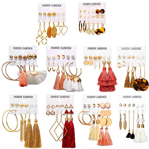 63Pairs Fashion Earrings with Tassel Earrings Layered Ball Dangle Hoop Stud Jacket Earrings for Women Girls Jewelry Fashion and Valentine Birthday Party Gift