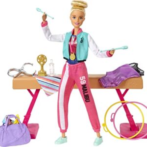 Barbie Gymnastics Playset with Doll and 15+ Accessories, Twirling Gymnast Toy with Balance Beam, Blonde Doll