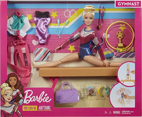 Barbie Gymnastics Playset with Doll and 15+ Accessories, Twirling Gymnast Toy with Balance Beam, Blonde Doll