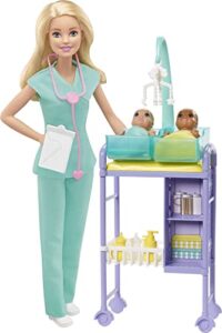 barbie careers doll & playset, baby doctor theme with blonde fashion doll, 2 baby dolls, furniture & accessories