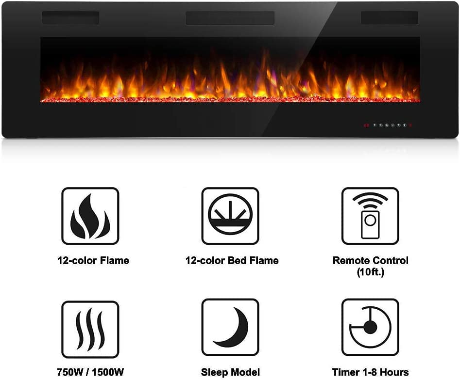 Antarctic Star 60 Inch Electric Fireplace in-Wall Recessed and Wall Mounted, Fireplace Heater and Linear Fireplace with Multicolor Flame, Timer, 750/1500W Control by Touch Panel & Remote