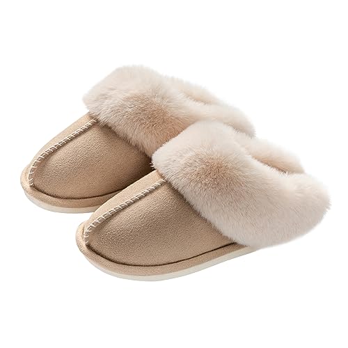 SOSUSHOE Womens Slippers Memory Foam Fluffy Fur Soft Slippers Warm House Shoes Indoor Outdoor Winter, Khaki, 8-9 B(M) US