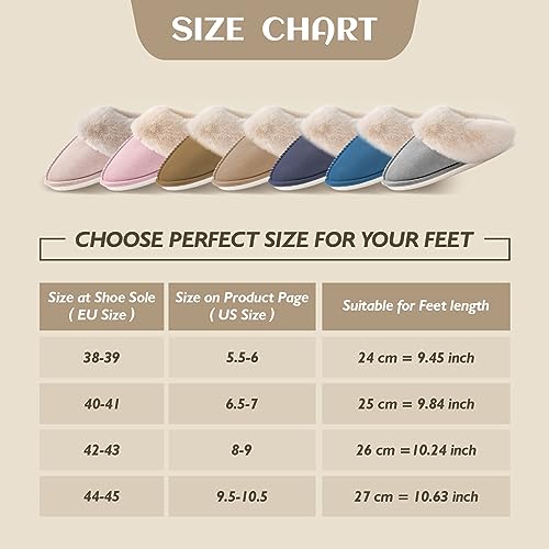 SOSUSHOE Womens Slippers Memory Foam Fluffy Fur Soft Slippers Warm House Shoes Indoor Outdoor Winter, Khaki, 8-9 B(M) US