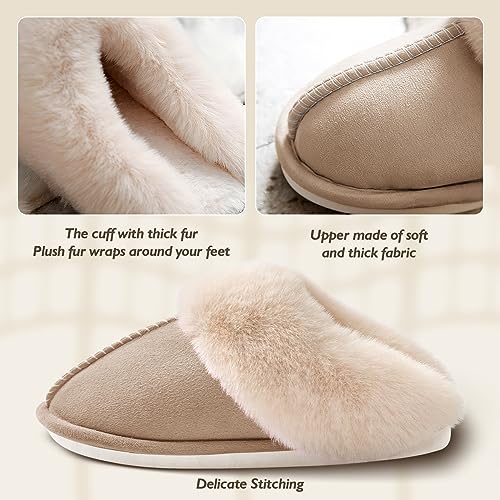 SOSUSHOE Womens Slippers Memory Foam Fluffy Fur Soft Slippers Warm House Shoes Indoor Outdoor Winter, Khaki, 8-9 B(M) US